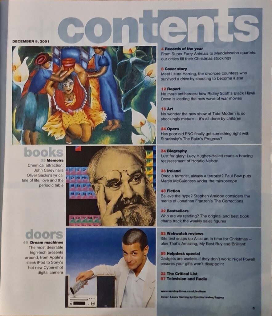 Sunday Times Culture Magazine December 9th 2001 – Suntimes.co.uk